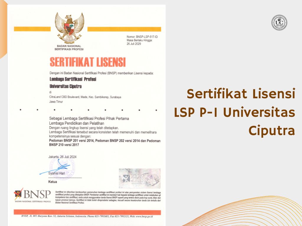 Sertifikat Lisensi LSP P-1 Universitas Ciputra – Lembaga Sertifikasi Pendidikan
